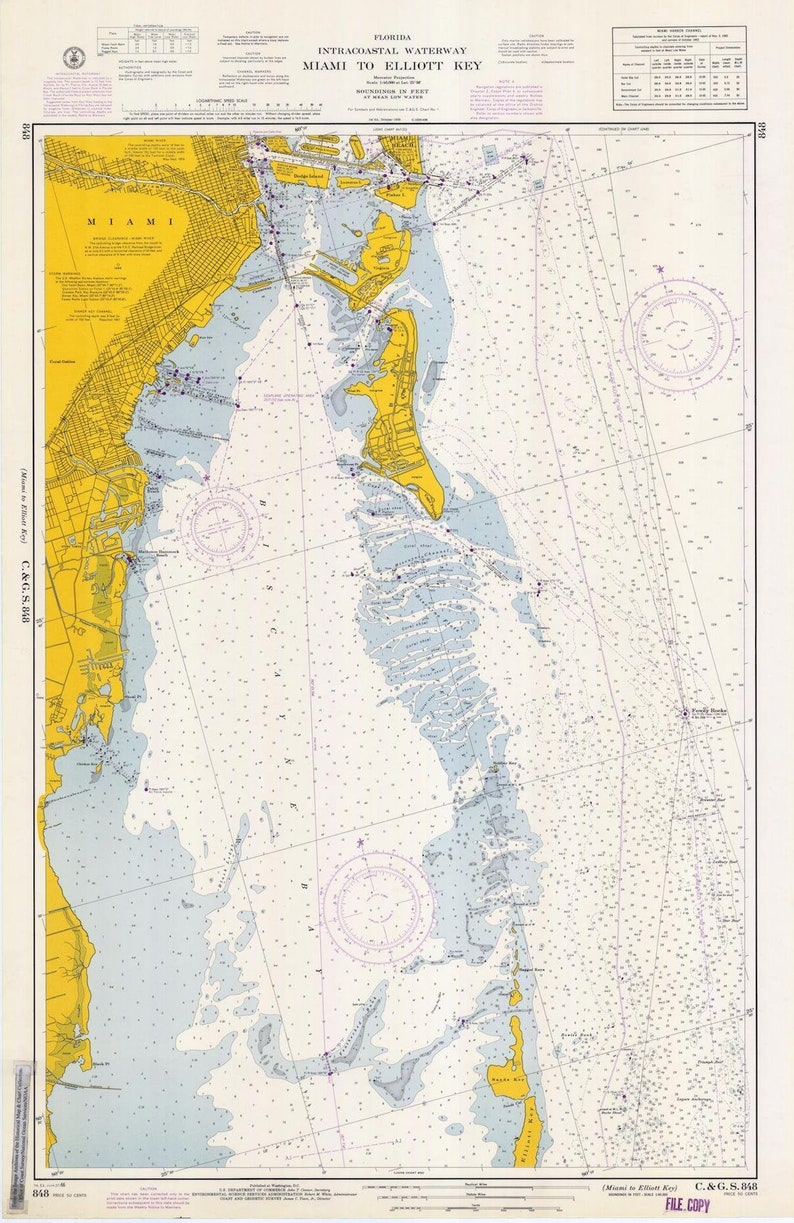 Miami to Elliott Key Map 1966 Nautical Chart Print - Etsy