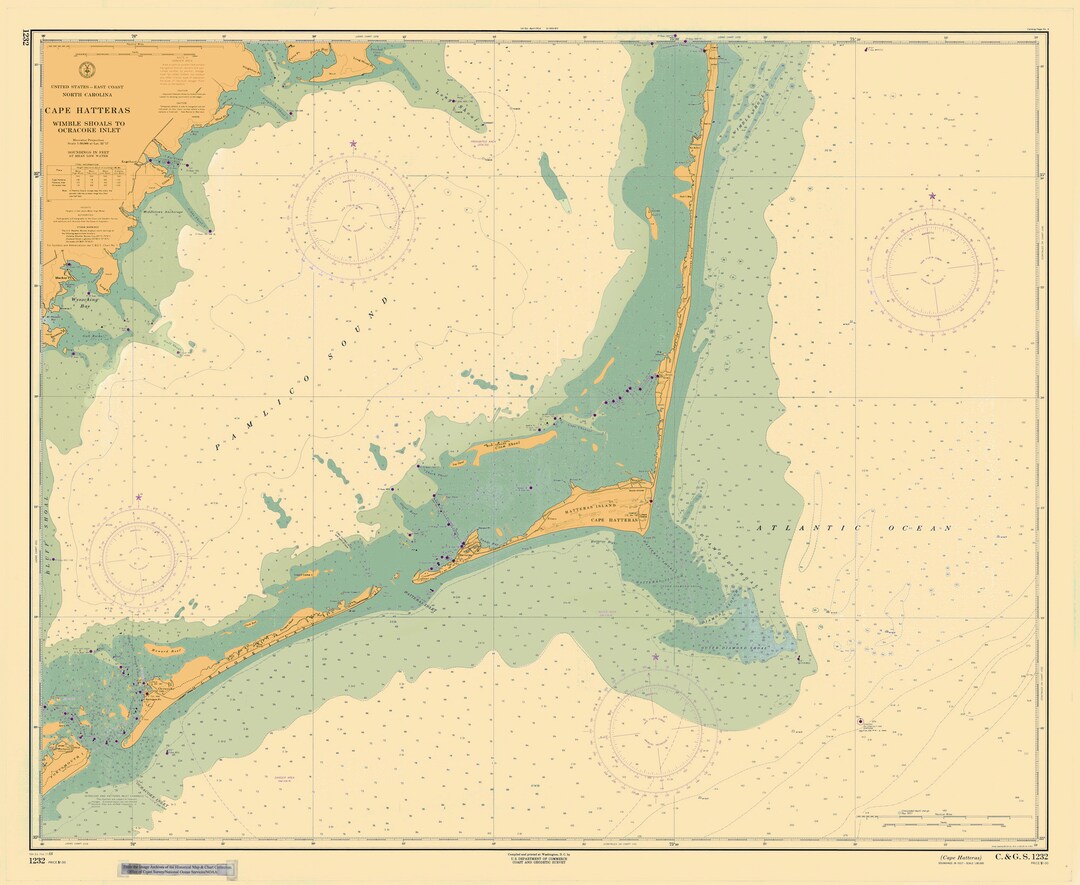 Cape Hatteras Map - Wimble Shoals to Ocracoke Inlet (blue Colorized ...