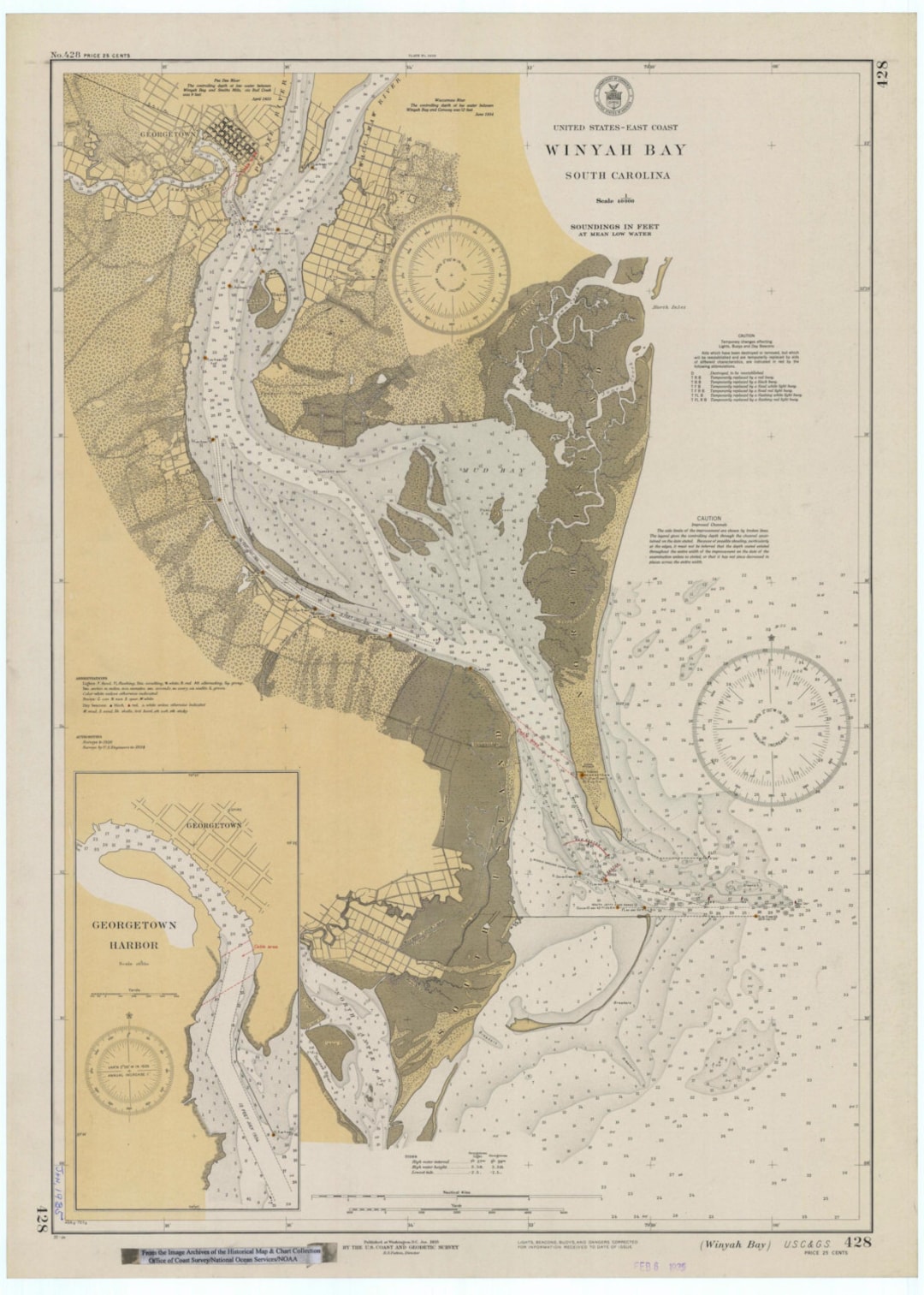 Winyah Bay Map - South Carolina Historical Chart 1935 - Nautical Chart ...