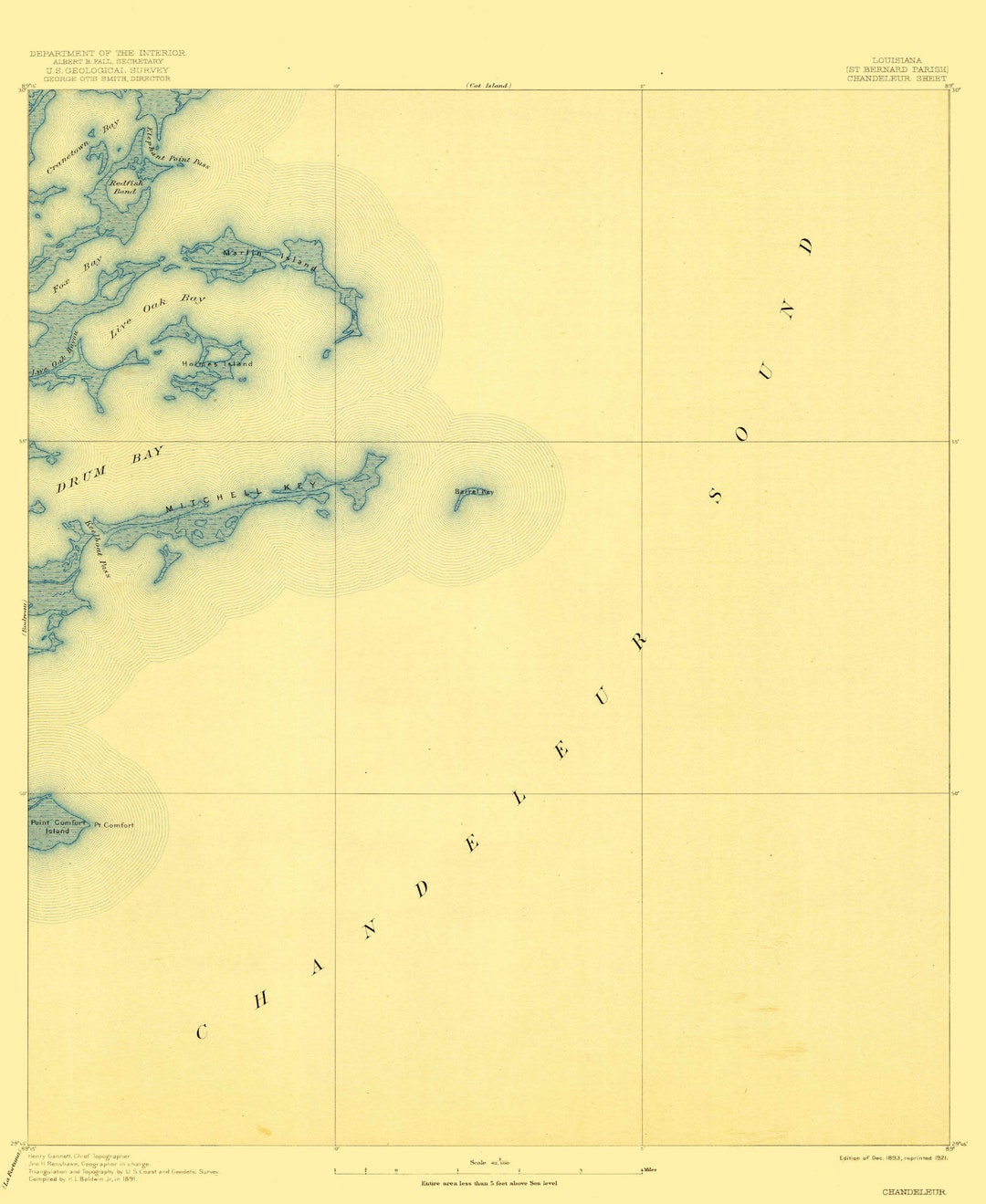 Chandeleur Sound Map - Louisiana Historical Chart 1893 - Nautical Chart ...