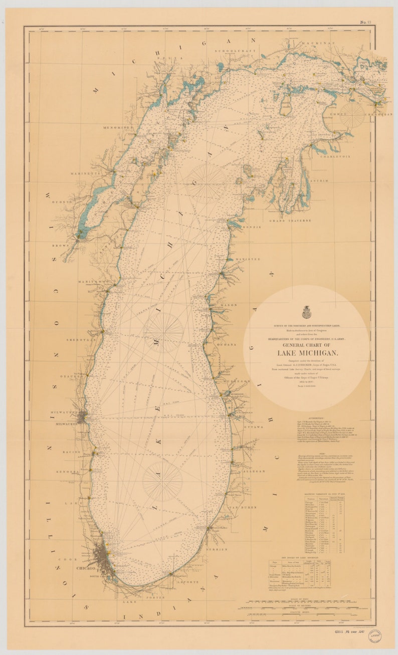 Lake Michigan Map 1898 Nautical Chart Print - Etsy