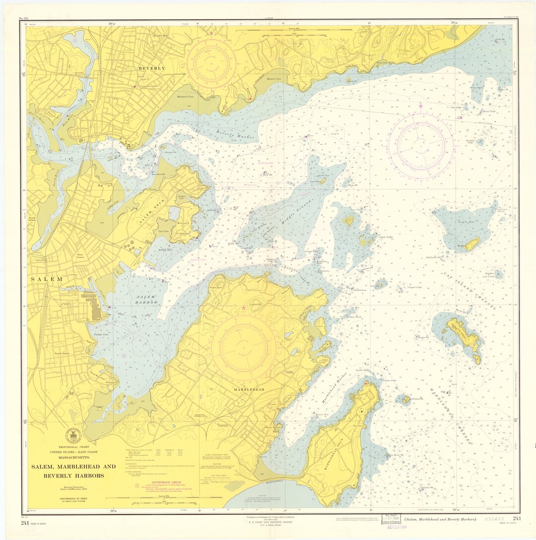 Salem, Marblehead and Beverly Harbor Map 1954 - Nautical Chart Print - Etsy