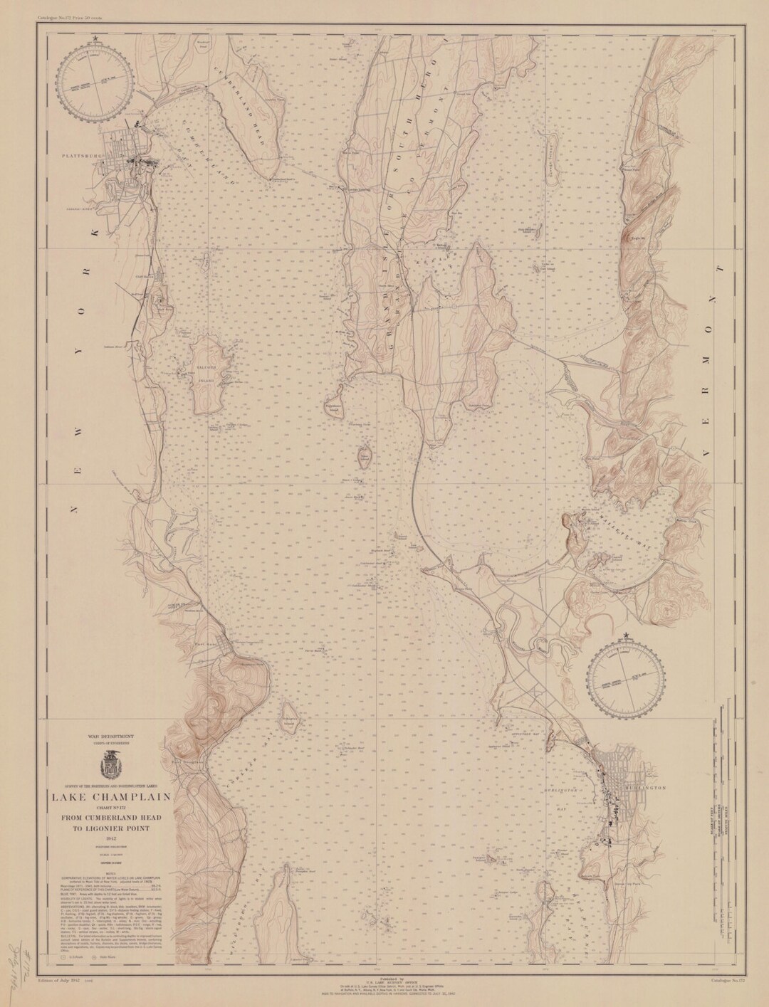 Lake Champlain Map 1942 - Nautical Chart Print - Etsy