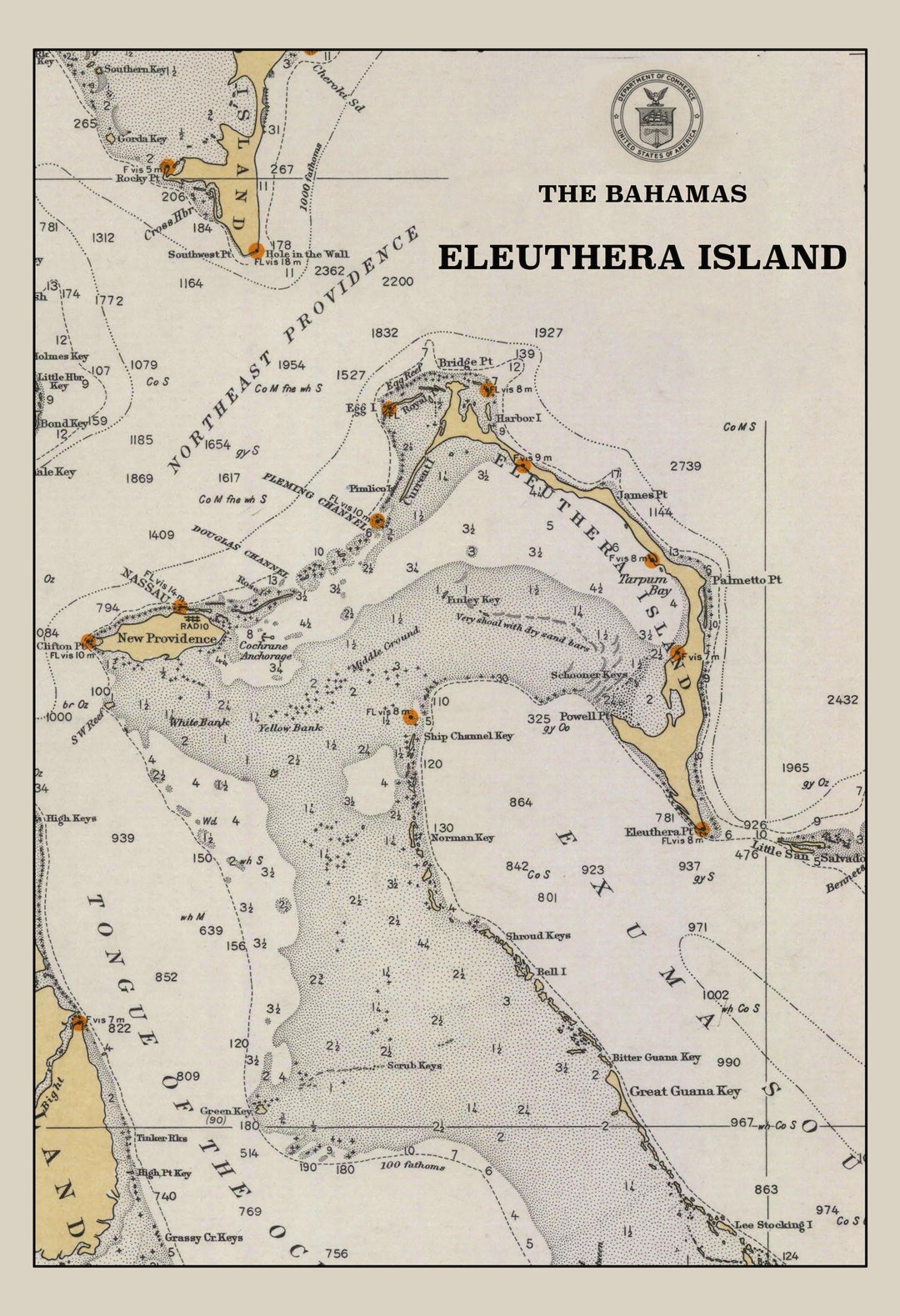 Eleuthera Island Map - the Bahamas - 1933 (portrait) - Nautical Chart ...