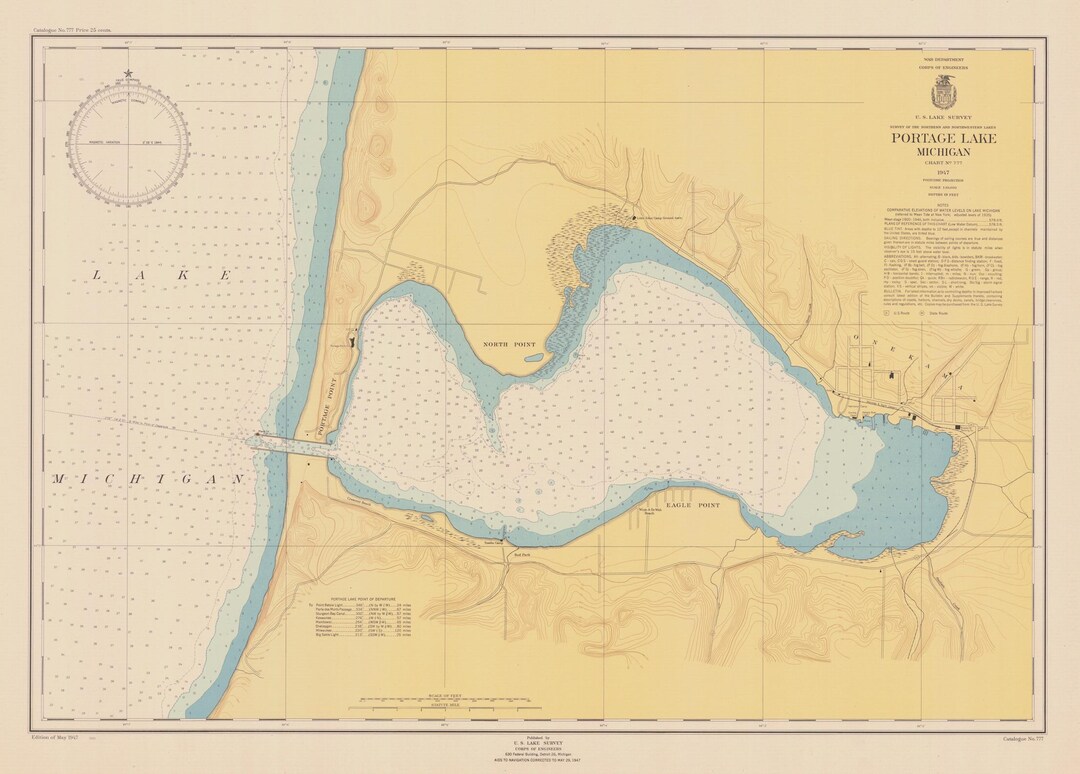 Lake Michigan - Portage Lake Map 1947 - Nautical Chart Print - Etsy