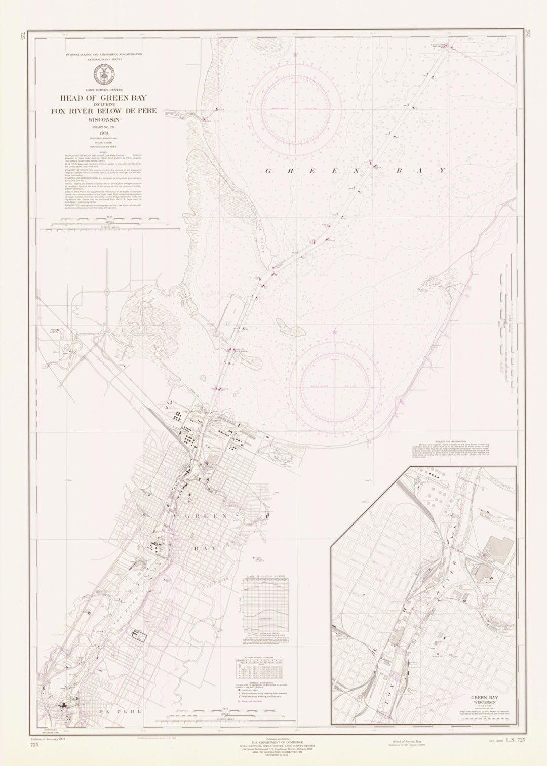 Green Bay Map Including Fox River Below De Pere - 1973 - Nautical Chart ...