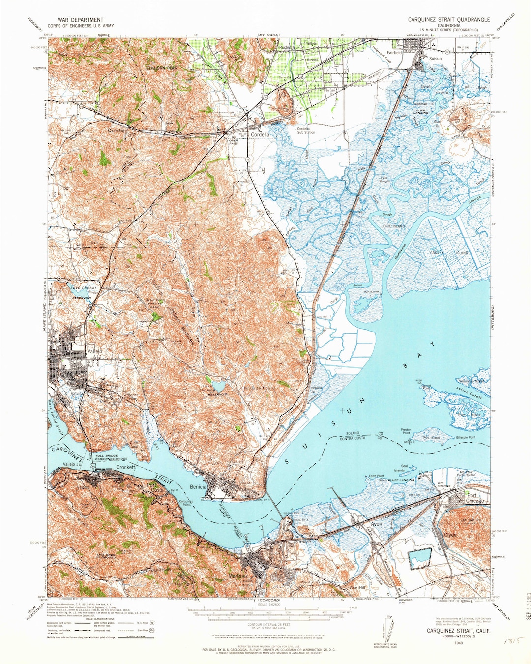 Carquinez Strait California Topographic Map 1940 - Nautical Chart Print ...