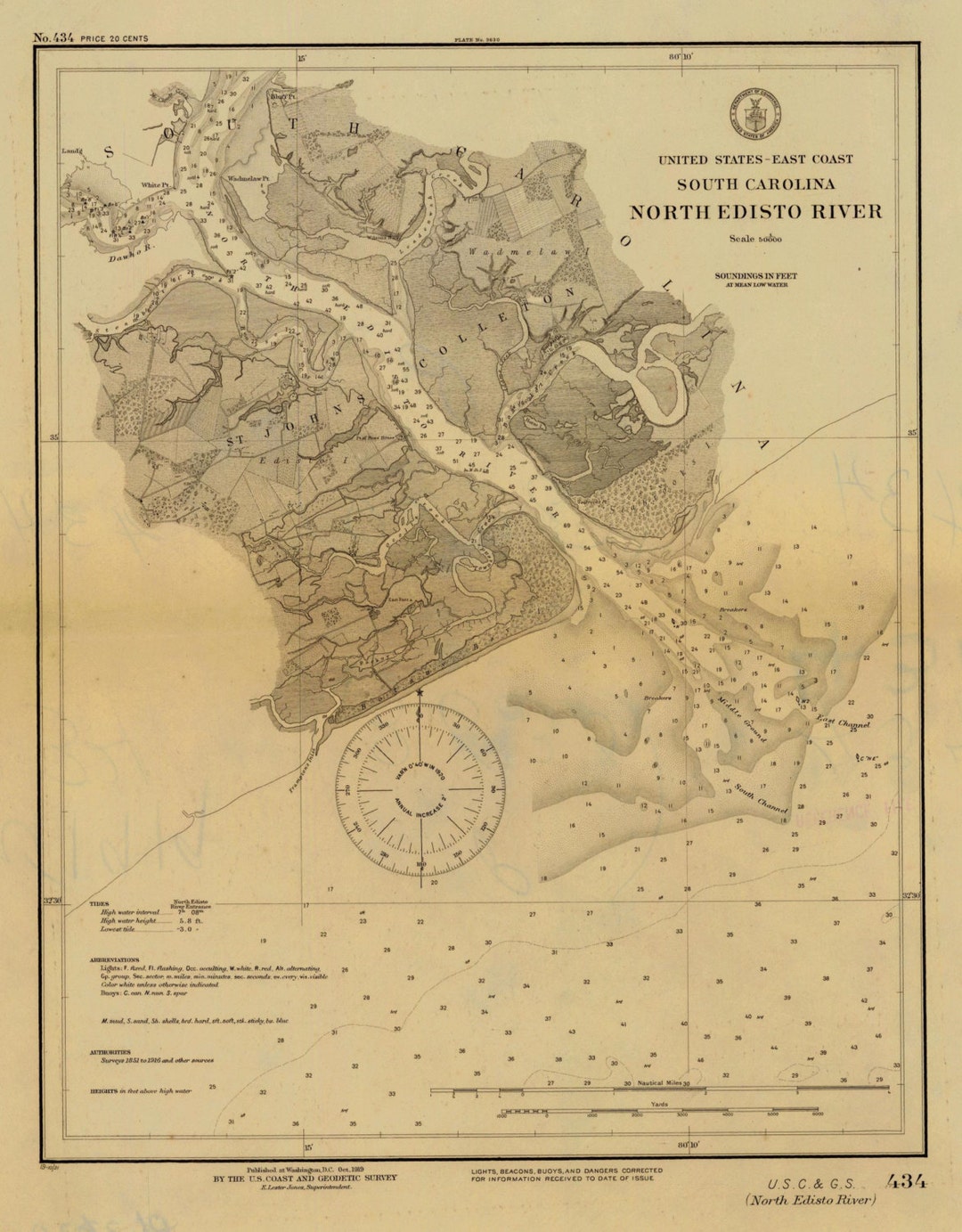North Edisto River Map - South Carolina Chart 1919 - Nautical Chart ...