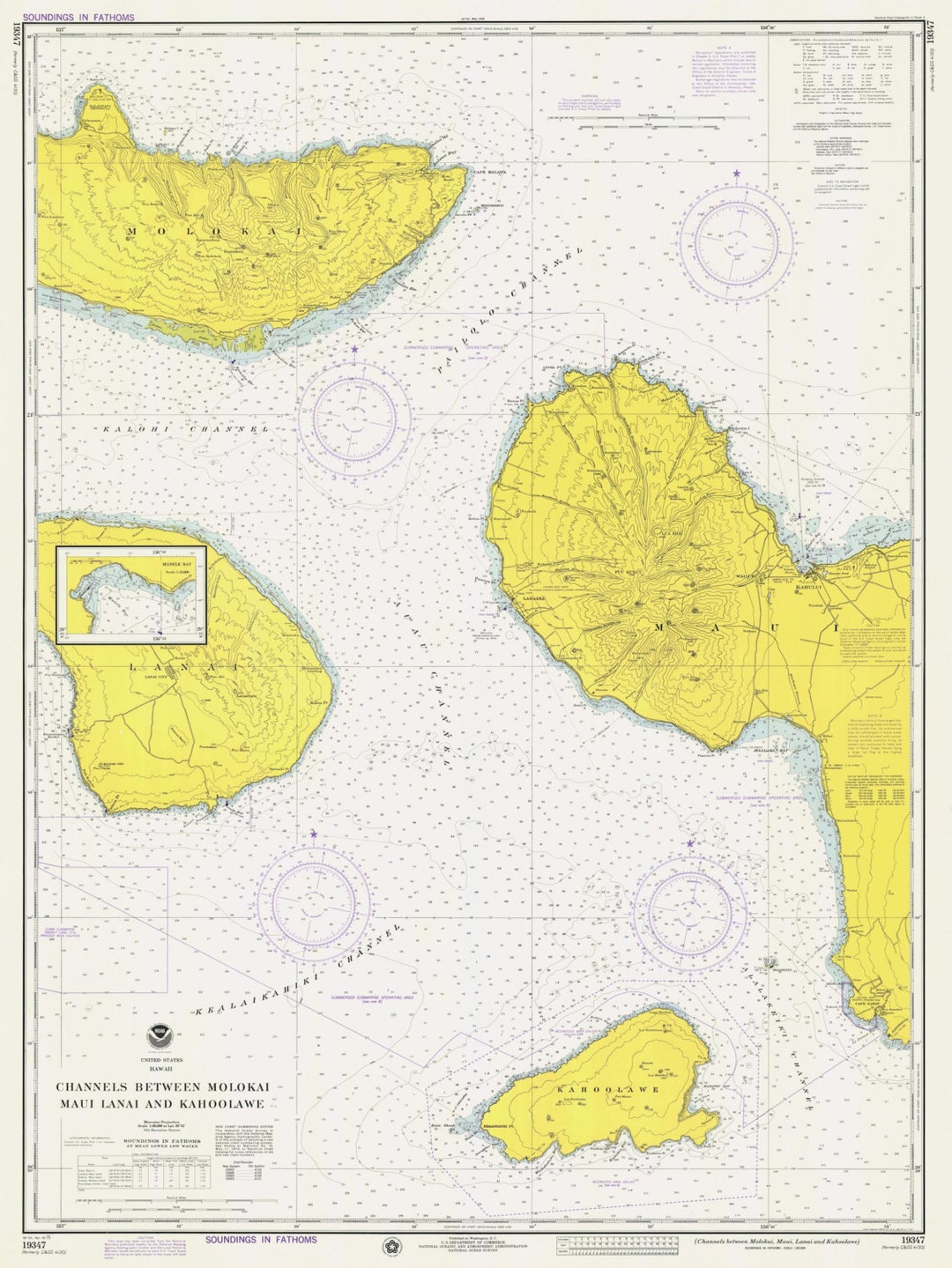 Hawaiian Islands Map - Hawaii Channels - 1975 - Nautical Chart Print - Etsy