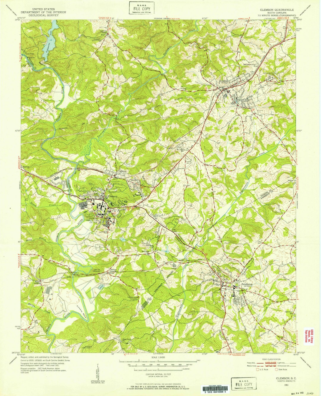 Clemson South Carolina Topographic Map 1951 - Etsy
