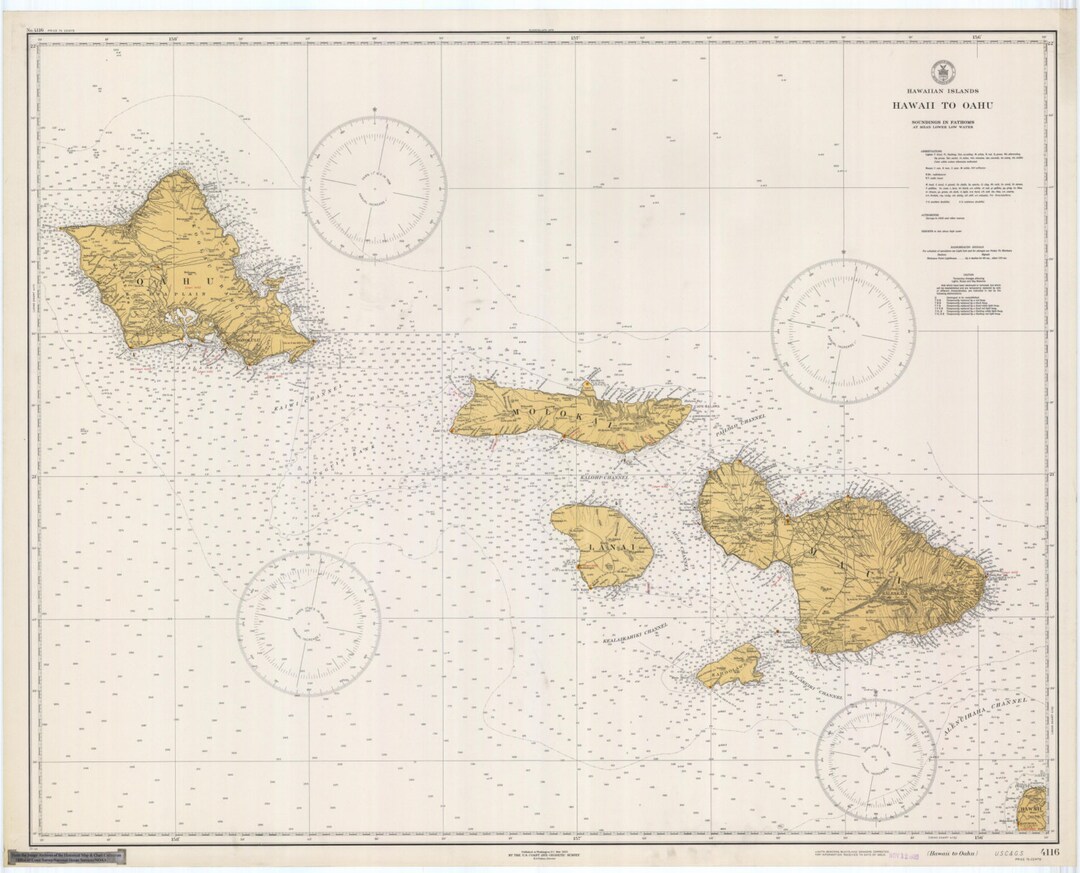 Hawaiian Islands Map - Hawaii to Oahu Historic Chart - 1935 - Nautical ...