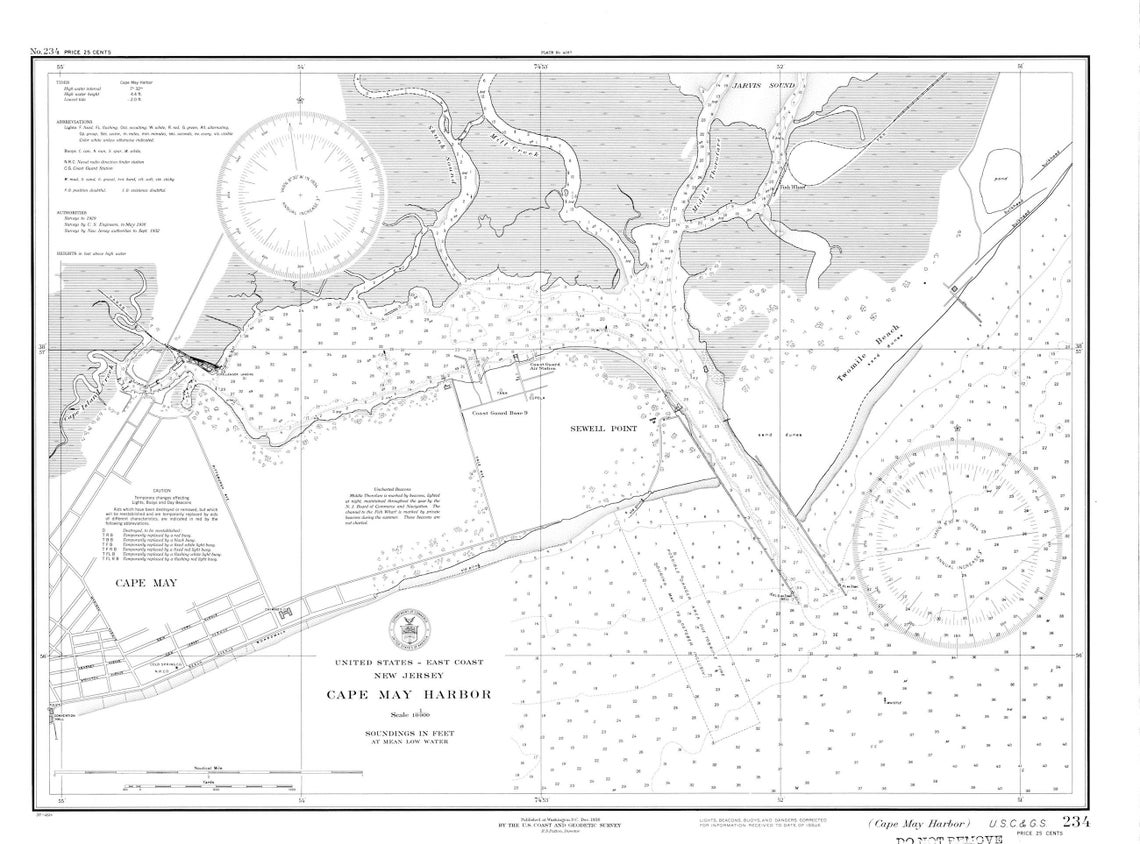 Cape May Harbor 1936 (B&W) - Nautical Chart Print - Etsy
