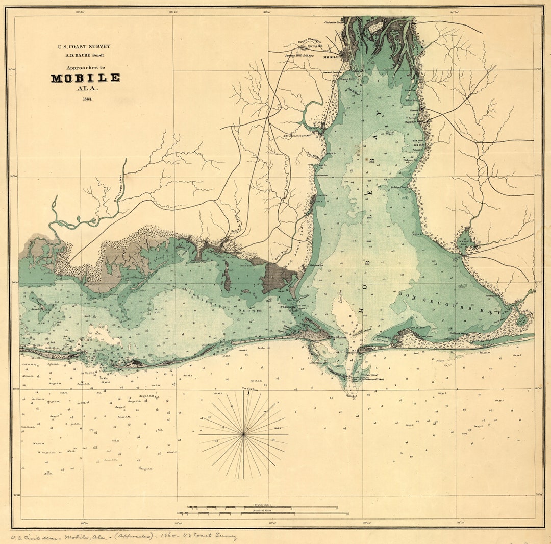 Mobile Bay Map - 1864 (square) - Nautical Chart Print - Etsy