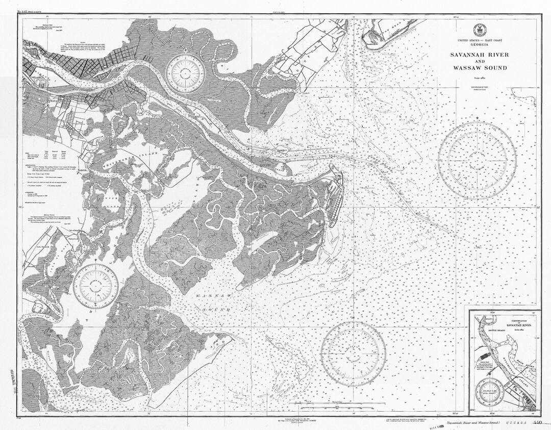 Savannah River and Wassaw Sound Map (B&W) 1931 - Nautical Chart Print ...