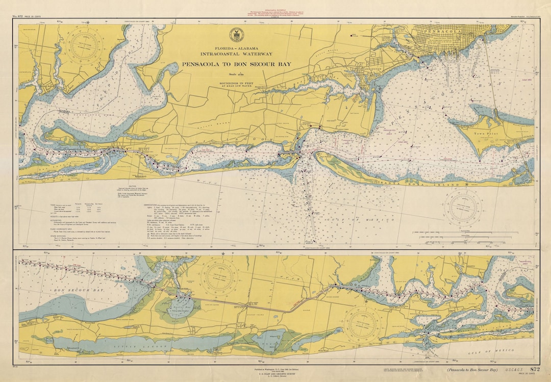 Pensacola to Bon Secour Bay Map - 1948 - Nautical Chart Print - Etsy