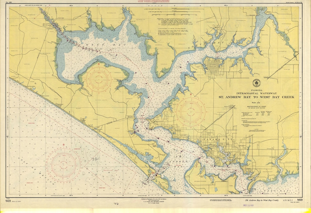 St. Andrew Bay Map - Panama City, Florida Historical Chart 1951 ...