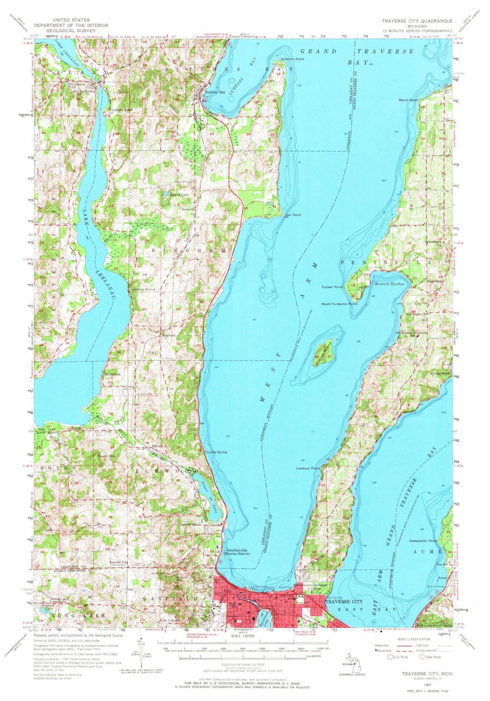 Traverse City Topographic Map 1957 - Nautical Chart Print - Etsy