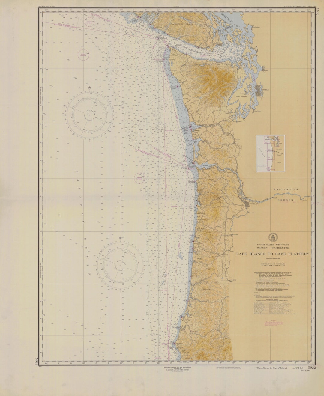 Cape Blanco to Cape Flattery Map 1949 - Nautical Chart Print - Etsy