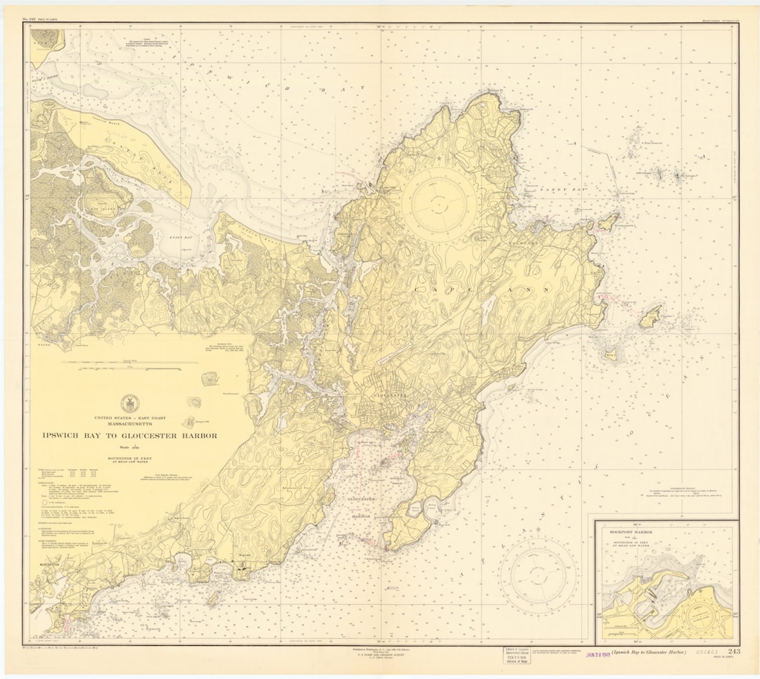 Ipswich Bay Map and Gloucester Harbor Map 1948 - Nautical Chart Print ...