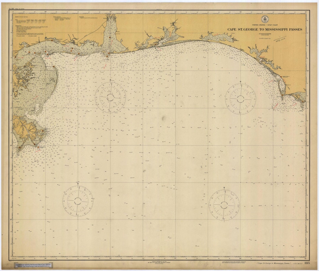 Cape St. George to Mississippi Pass Map 1925 - Nautical Chart Print - Etsy