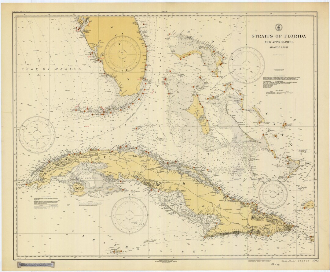 Straights of Florida & Cuba Historical Map 1928 - Nautical Chart Print ...