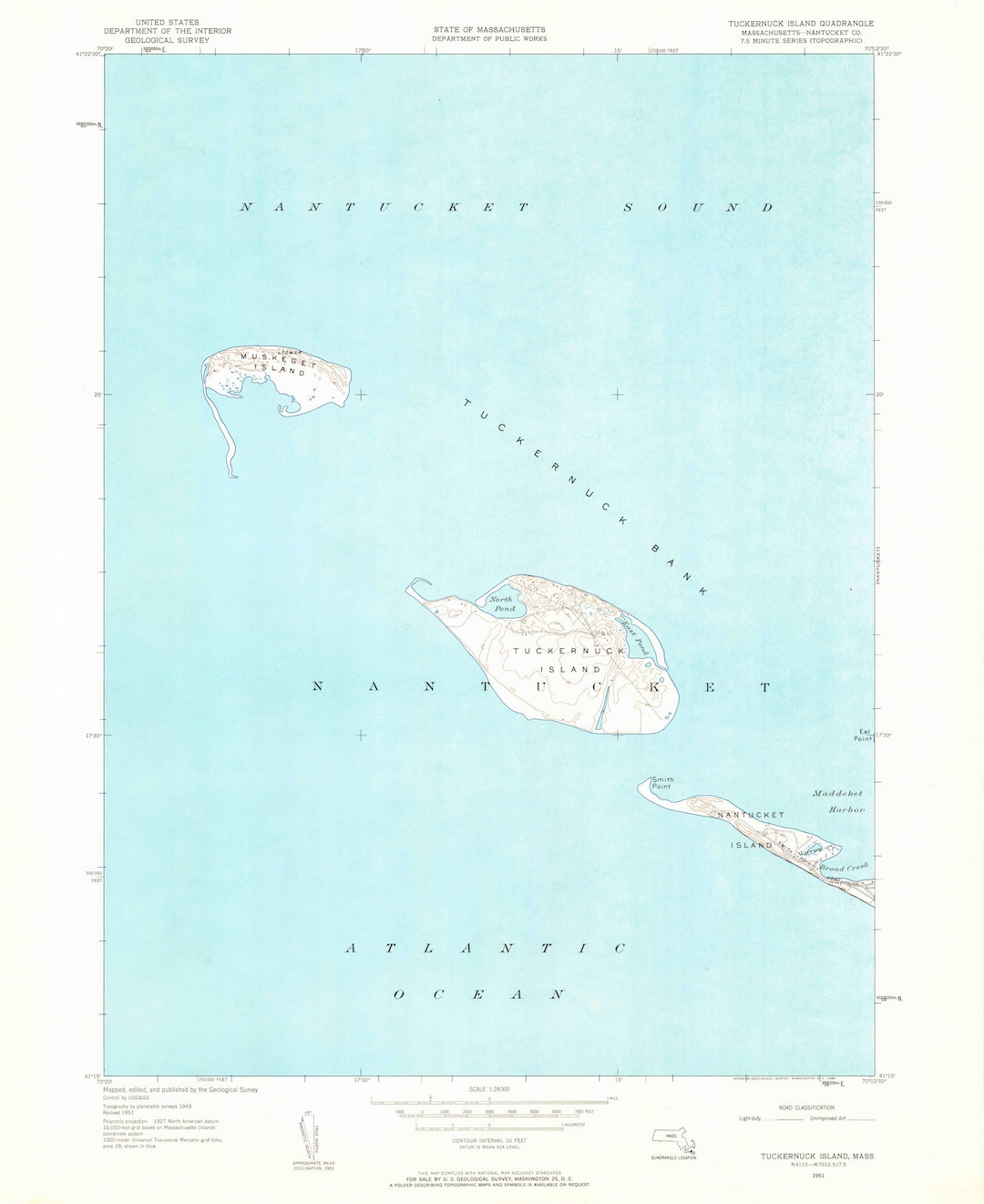 Tuckernuck Island - Nantucket Map 1951 - Nautical Chart Print - Etsy