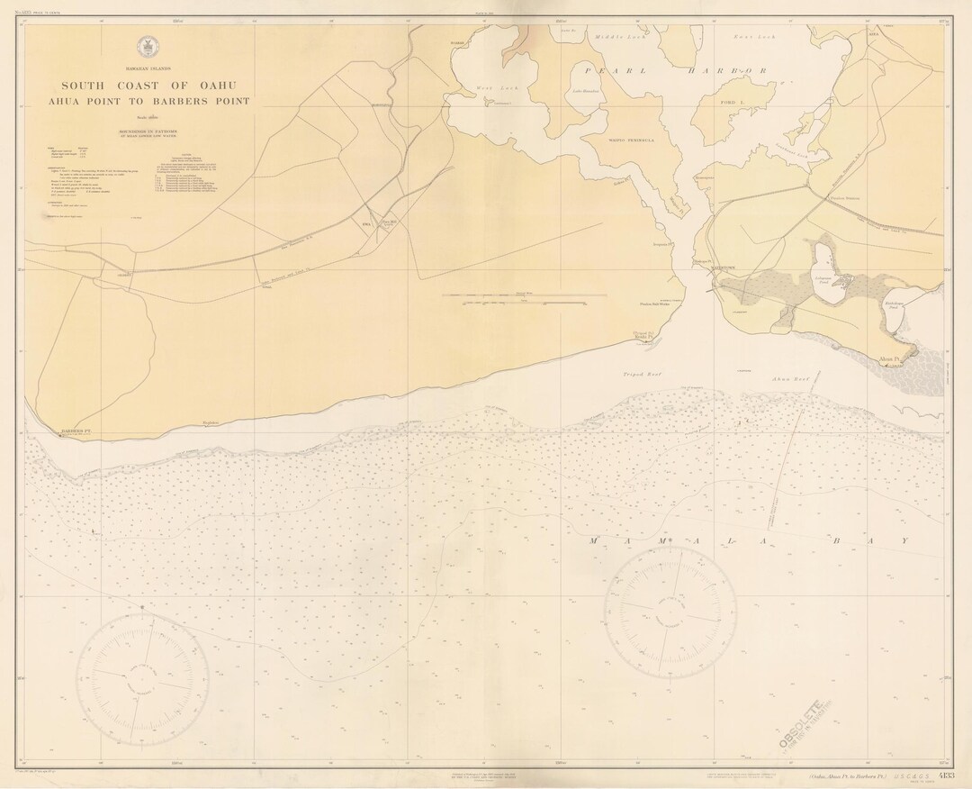 South Coast of Oahu Map - Ahua Point to Barbers Point 1935 - Nautical ...
