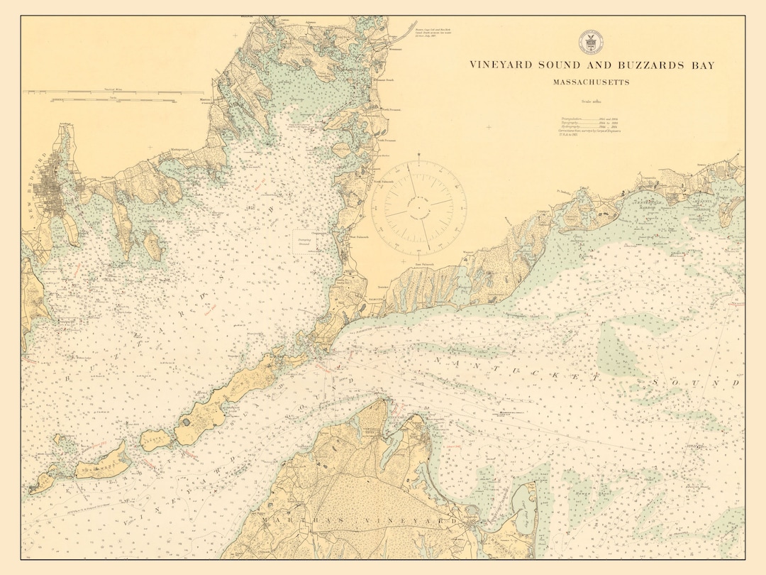 Buzzards Bay & Vineyard Sound Map - Nautical Chart Print - Etsy