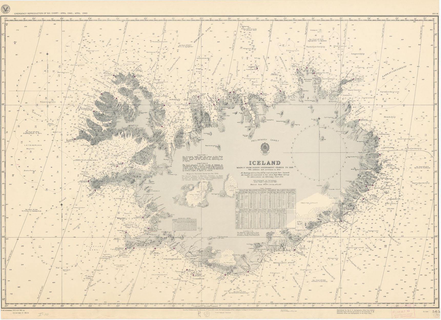Iceland Chart - 1942 - Nautical Chart - Paper | Canvas | Metal - Etsy