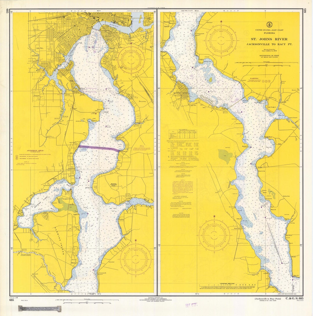 St. Johns River Map - Jacksonville to Racy Pt. Chart 1968 - Nautical ...