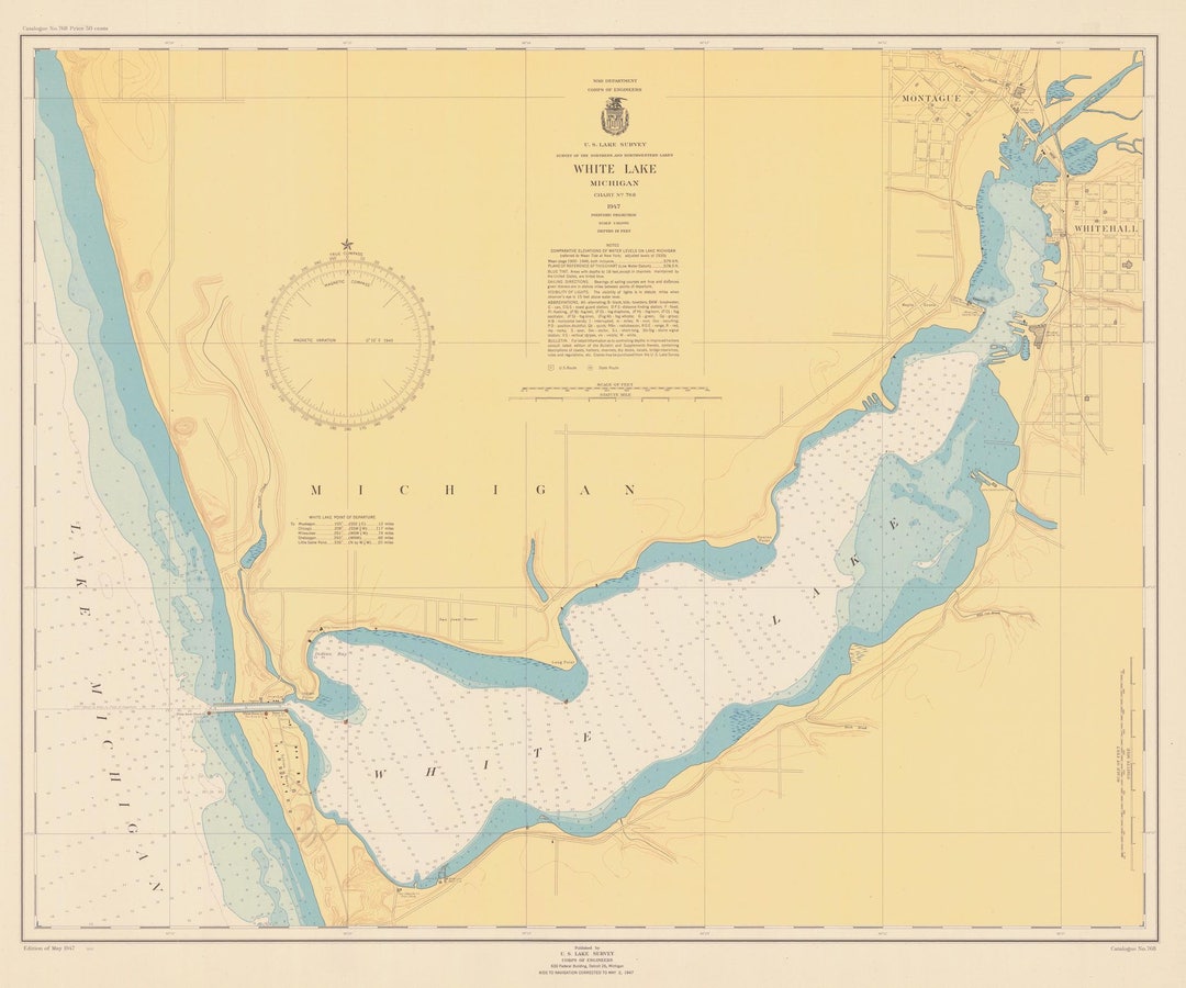 Lake Michigan - White Lake Map - 1947 - Nautical Chart Print - Etsy
