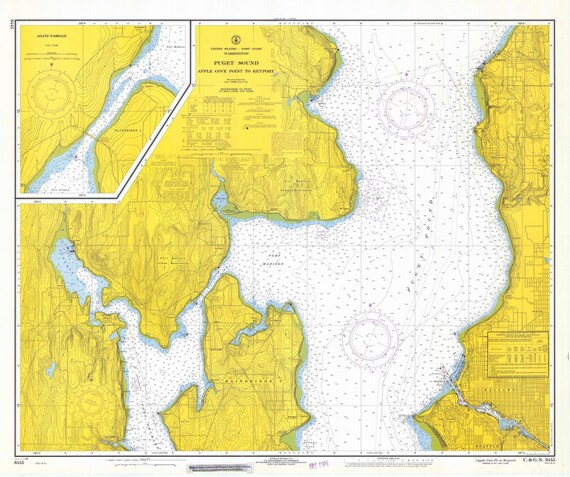 Puget Sound Map Apple Cove Point 1968 | Etsy