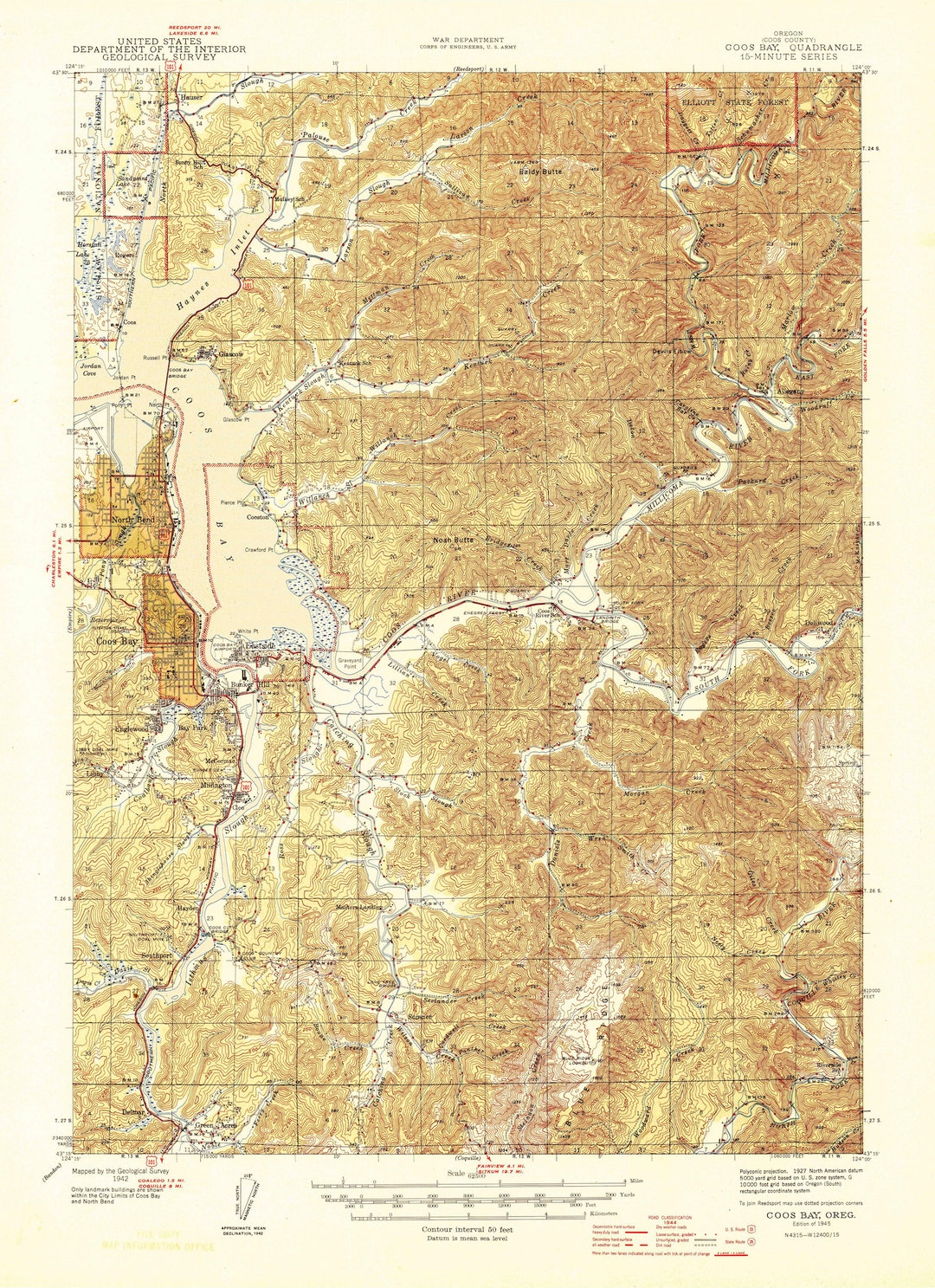 Coos Bay Topographic Map 1945 - Nautical Chart Print - Etsy
