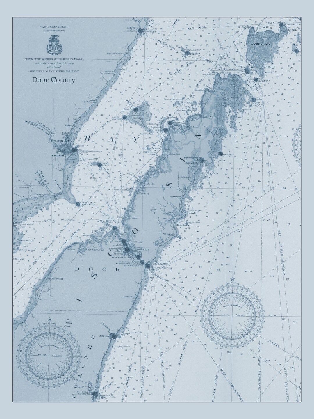 Door County Chart 1917 (blue) - Nautical Chart Print - Etsy