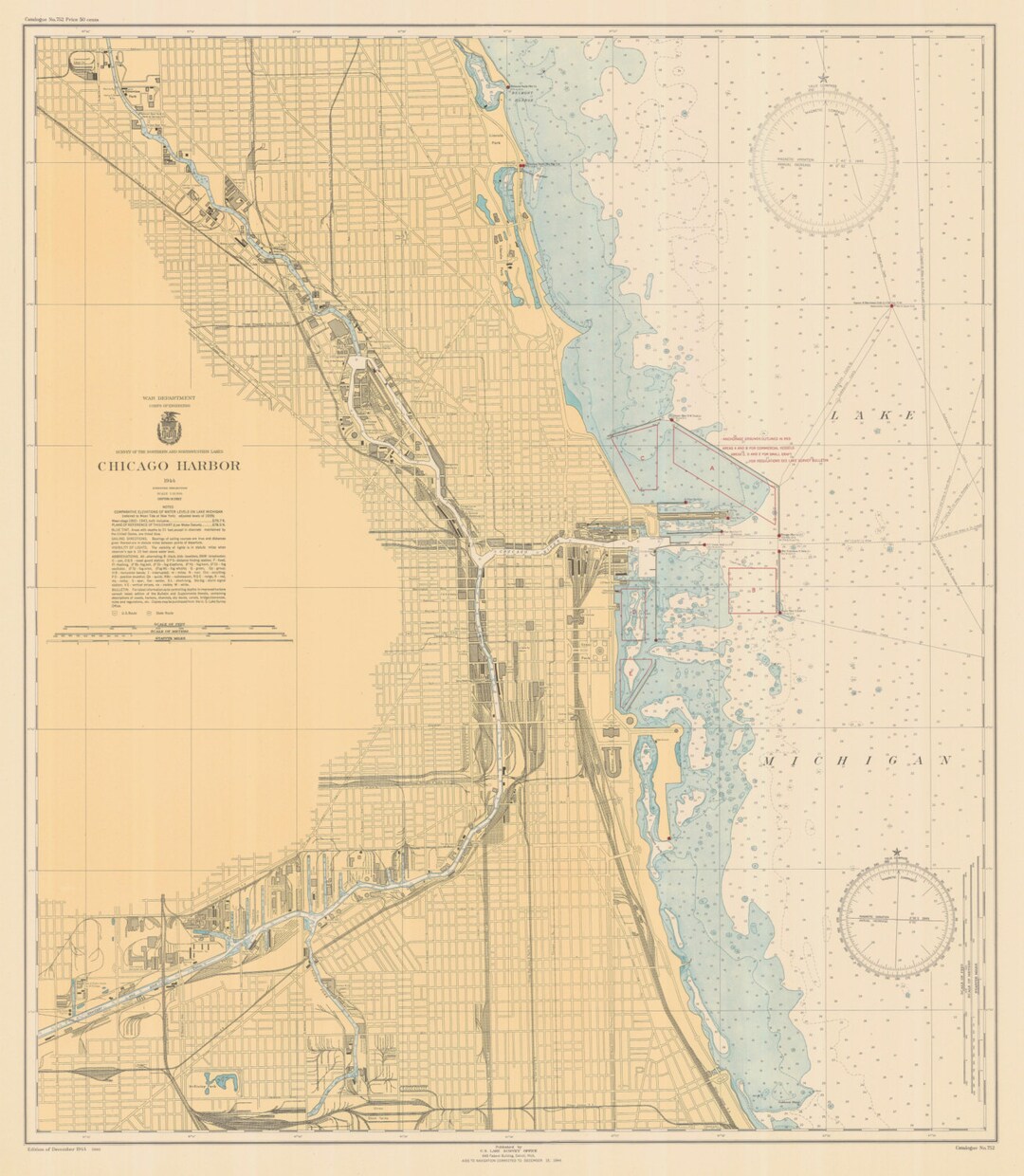 Chicago Harbor Historical Map 1944 - Nautical Chart Print - Etsy