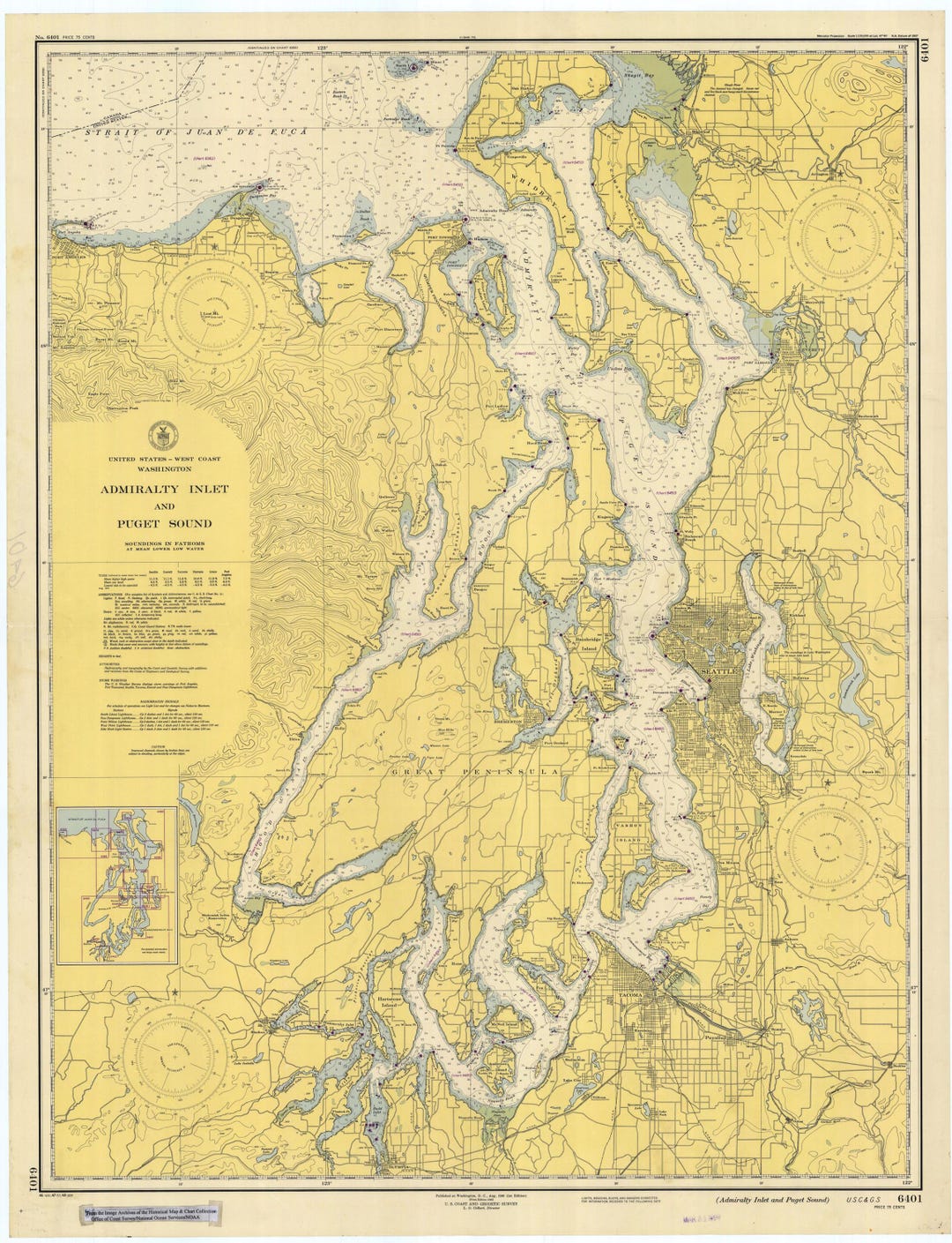 Puget Sound & Admiralty Inlet Map - 1948 - Nautical Chart - Paper ...