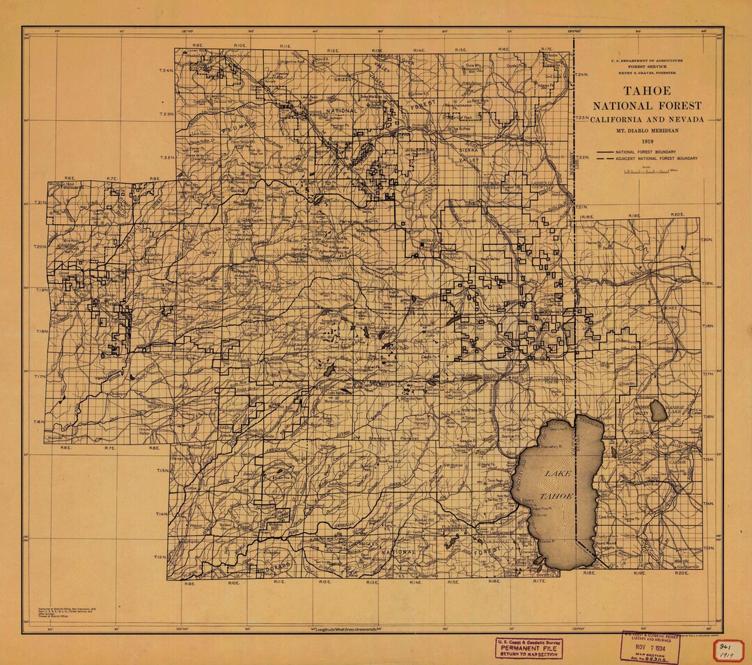 Tahoe National Forest Map - 1919 - Print - Etsy