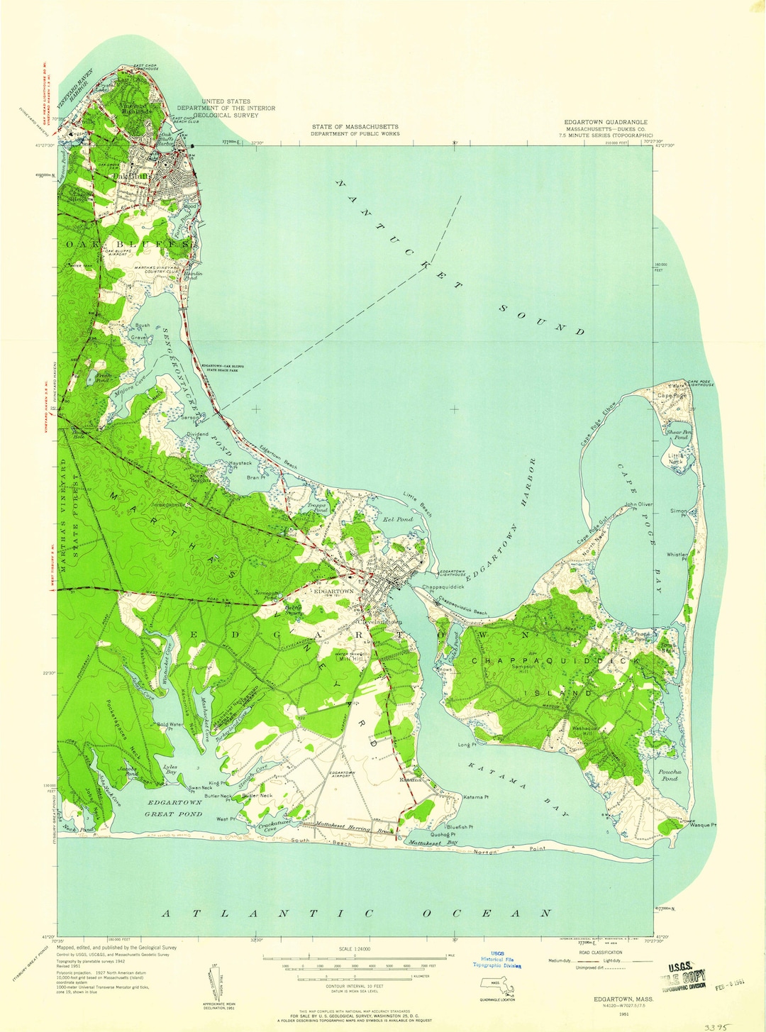 Edgartown, Martha's Vineyard Map - 1951 - Nautical Chart Print - Etsy