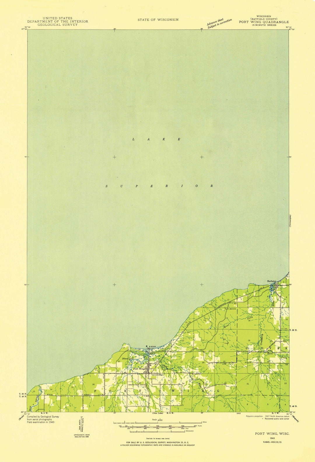 Port Wing Wisconsin Topographic Map 1943 - Nautical Chart Print - Etsy