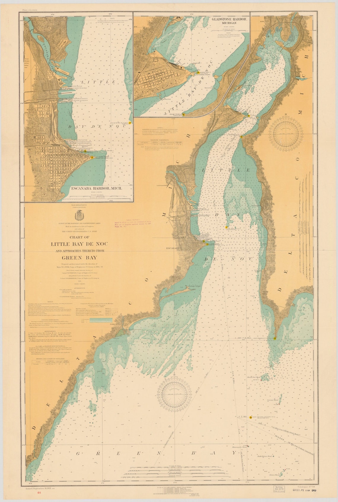 Lake Michigan Map - Little Bay De Noc - Green Bay 1921 - Nautical Chart ...