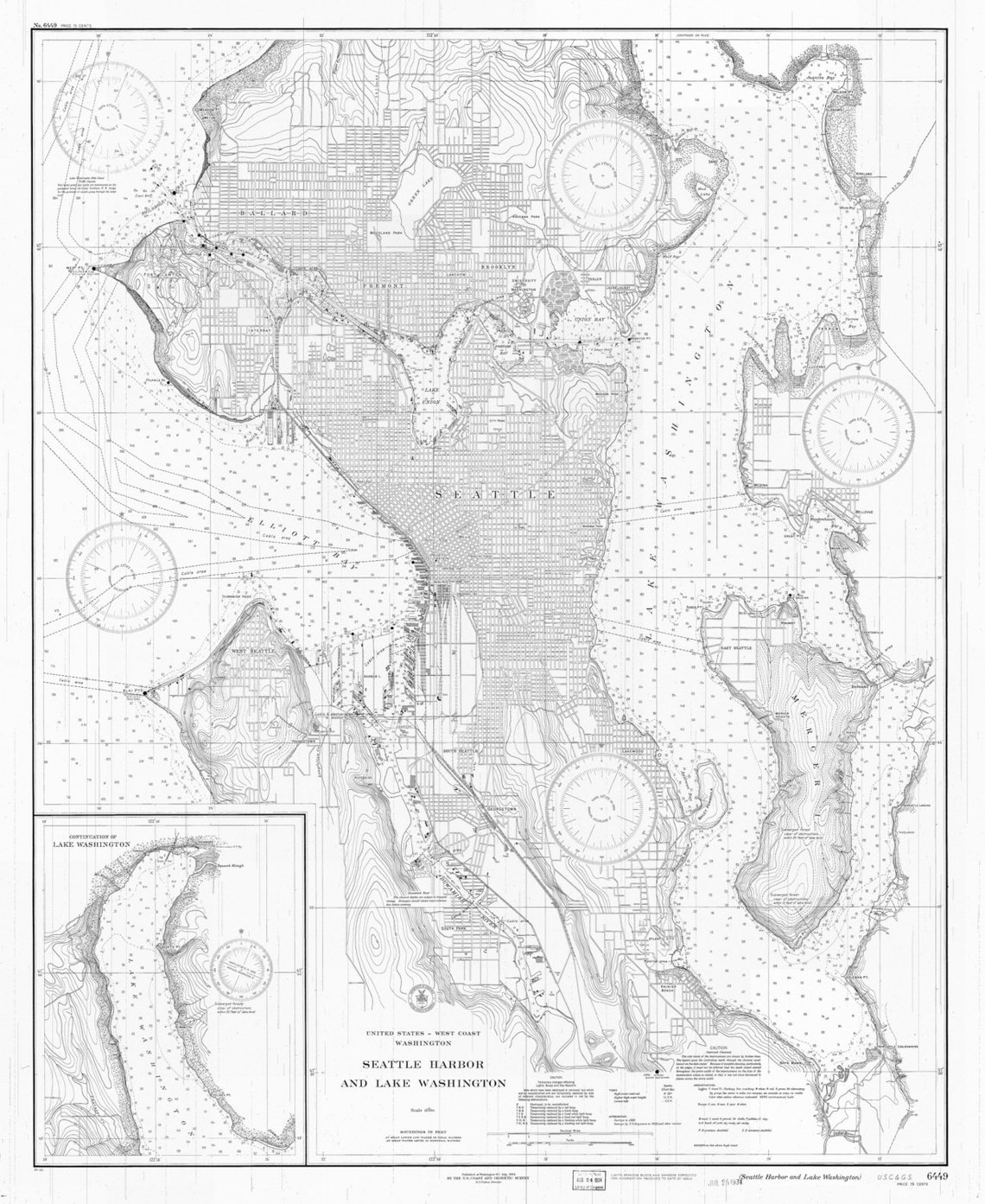 Seattle Harbor & Lake Washington Map 1934 - Nautical Chart Print - Etsy