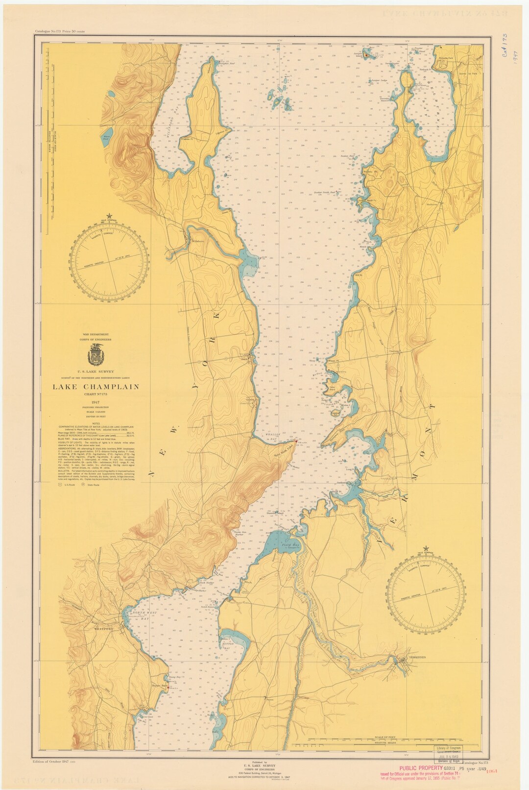 Lake Champlain Map Chart 173 From 1947 - Nautical Chart Print - Etsy