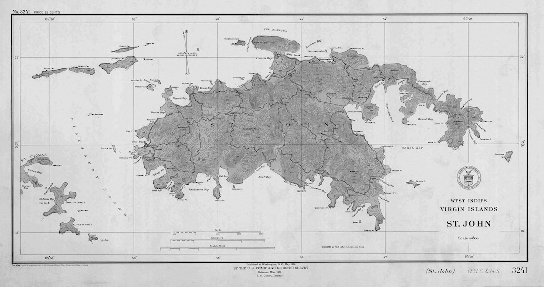 St. John Map - USVI Historical Chart 1934 (B&W) - Nautical Chart Print ...