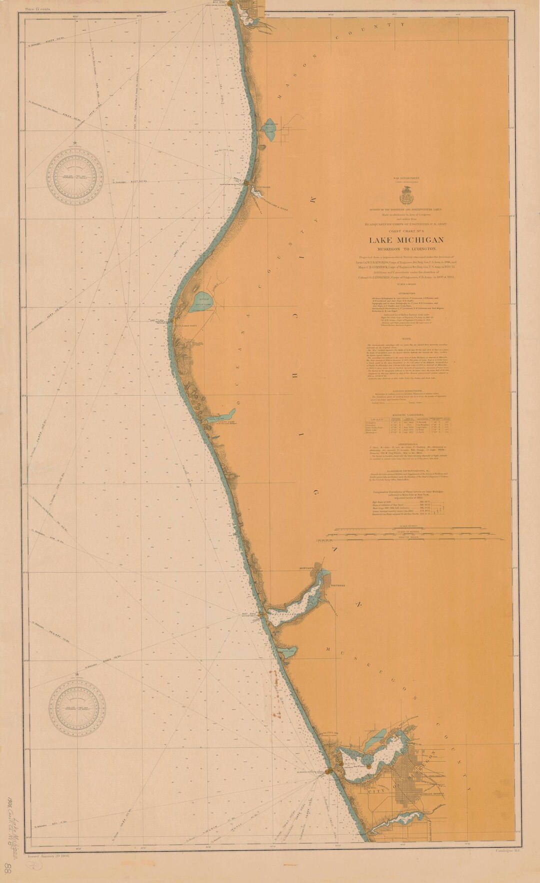 Lake Michigan Map - Muskegon to Ludington -1906 - Nautical Chart Print ...