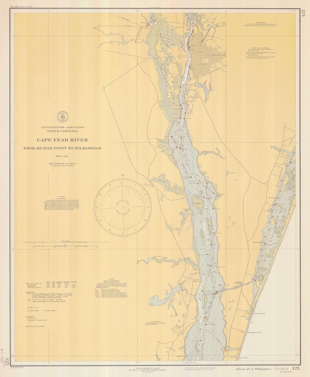 Cape Fear River Map -1940 - Nautical Chart Print - Etsy