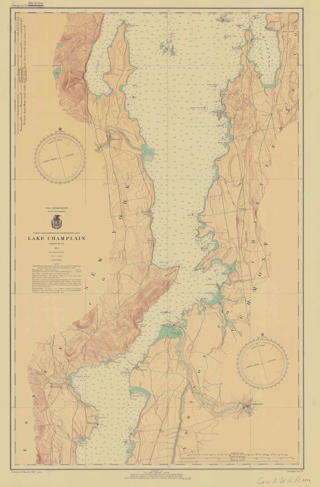 Lake Champlain Map - Chart 173 - 1937 - Nautical Chart Print - Etsy