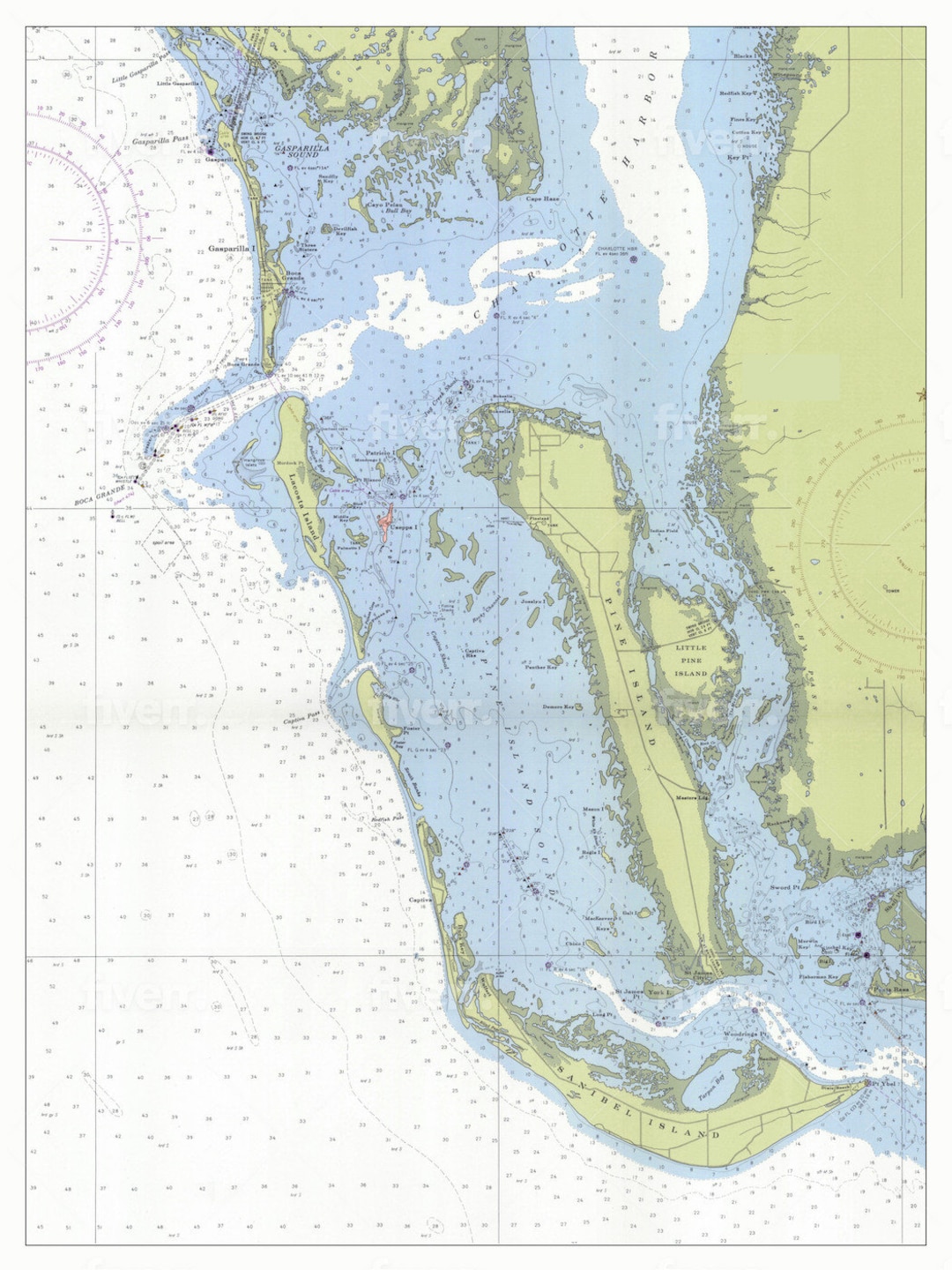 Useppa Island Map - Pink & Green - Nautical Chart Print - Etsy