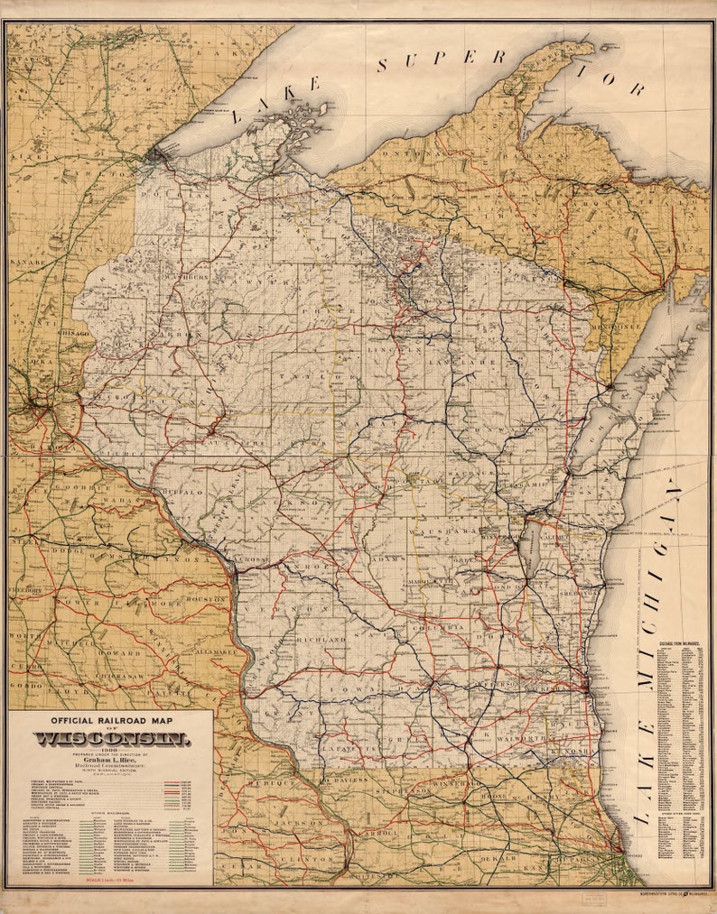 Wisconsin Rail Road Map 1917 - Nautical Chart Print - Etsy