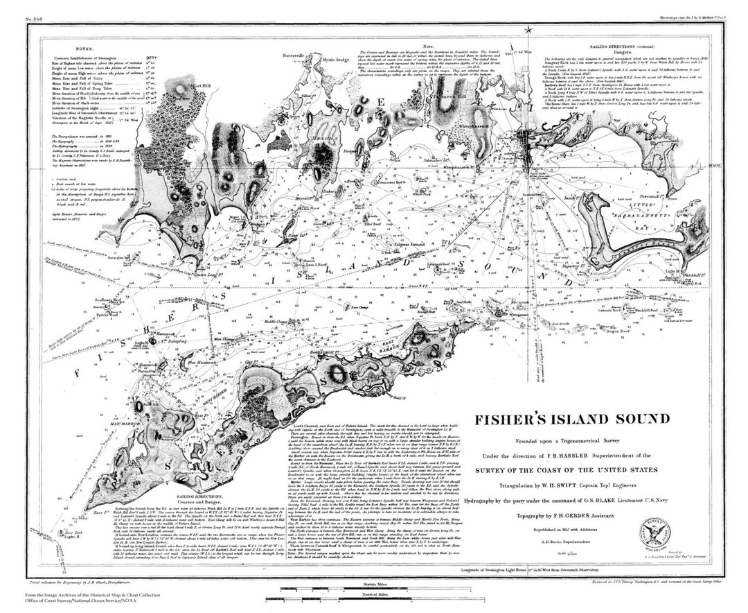Fishers Island Sound - Historical Map 1847 (b&w) - Nautical Chart Print ...