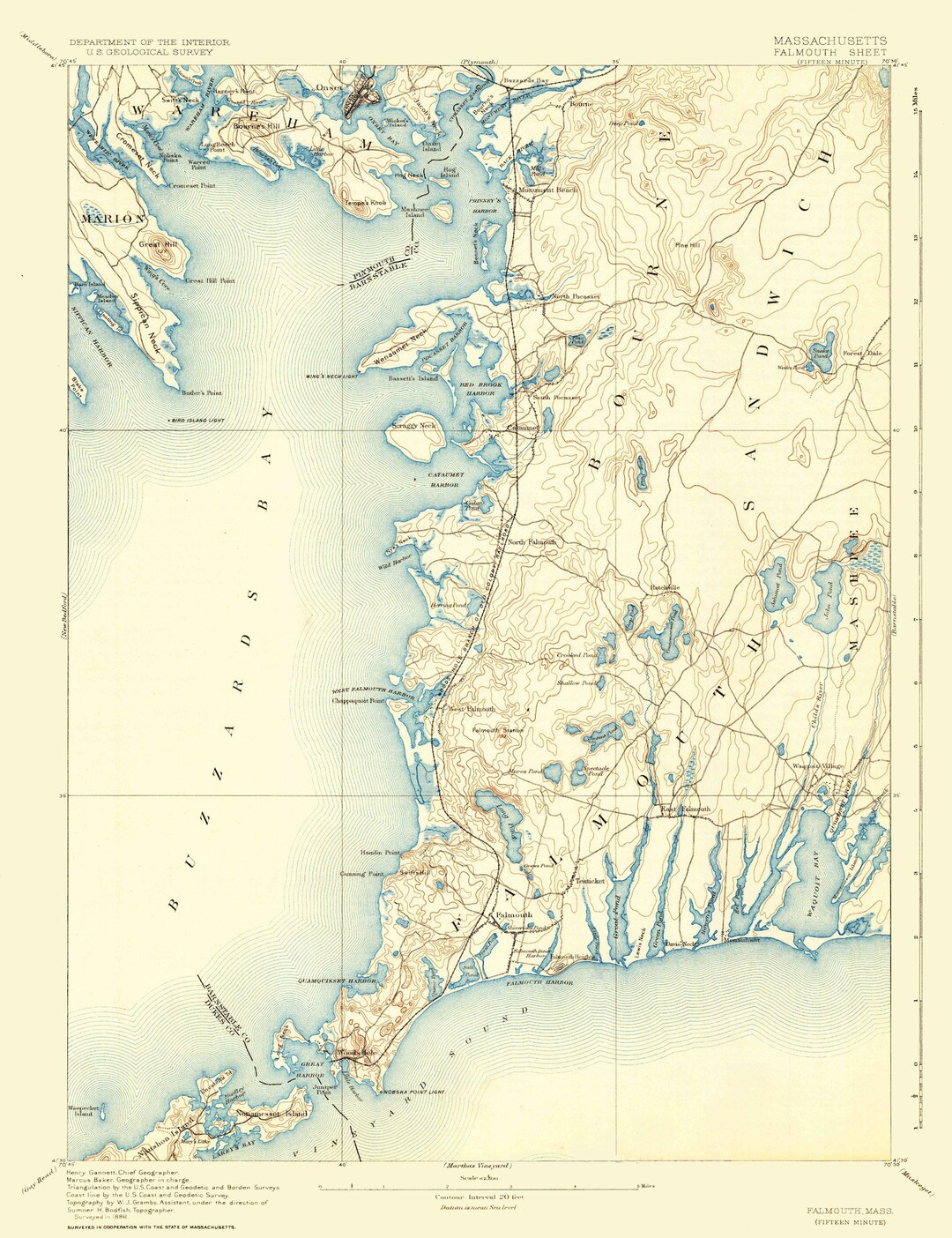 Buzzards Bay - Falmouth Map - 1893 - Nautical Chart Print - Etsy